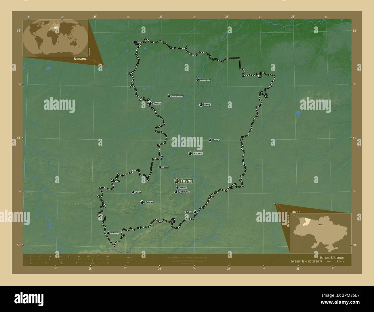 Rivne, region of Ukraine. Colored elevation map with lakes and rivers ...