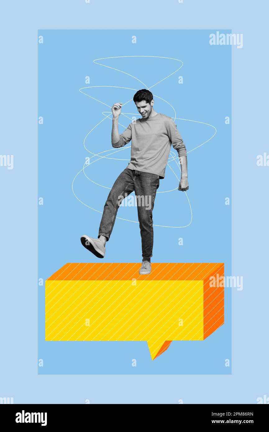 Vertical photo collage of young guy funky dancing on big incoming ...