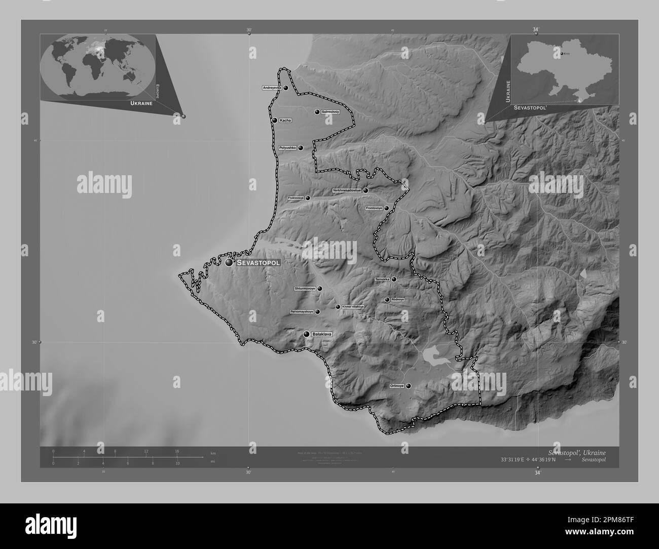 Sevastopol', autonomous republic of Ukraine. Grayscale elevation map ...