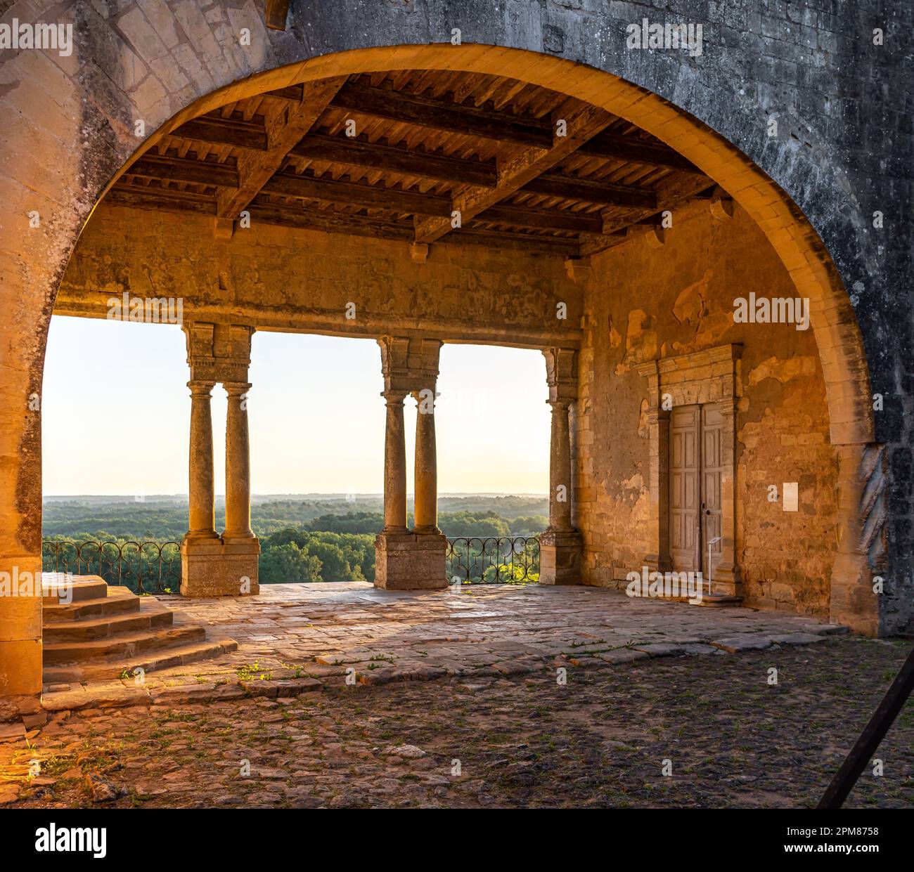 France, Dordogne, Purple Perigord, Biron, Castle of Biron, sunrise ...