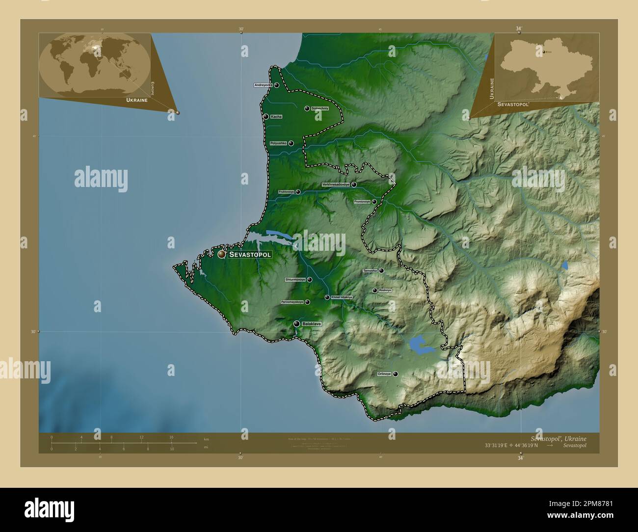 Sevastopol', autonomous republic of Ukraine. Colored elevation map with ...