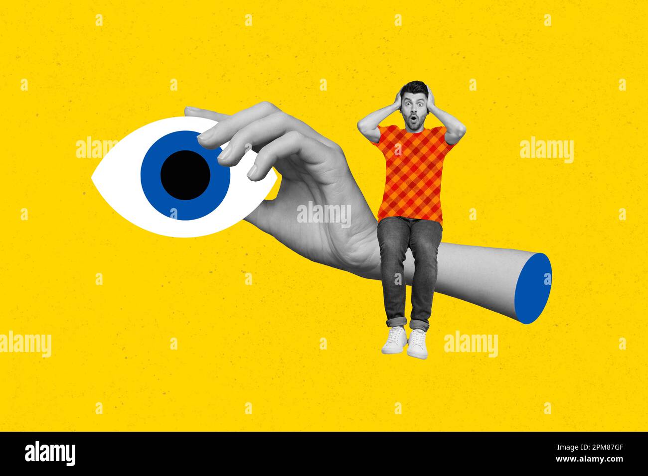Funny illustration collage photo of young confused stupor man hands ...