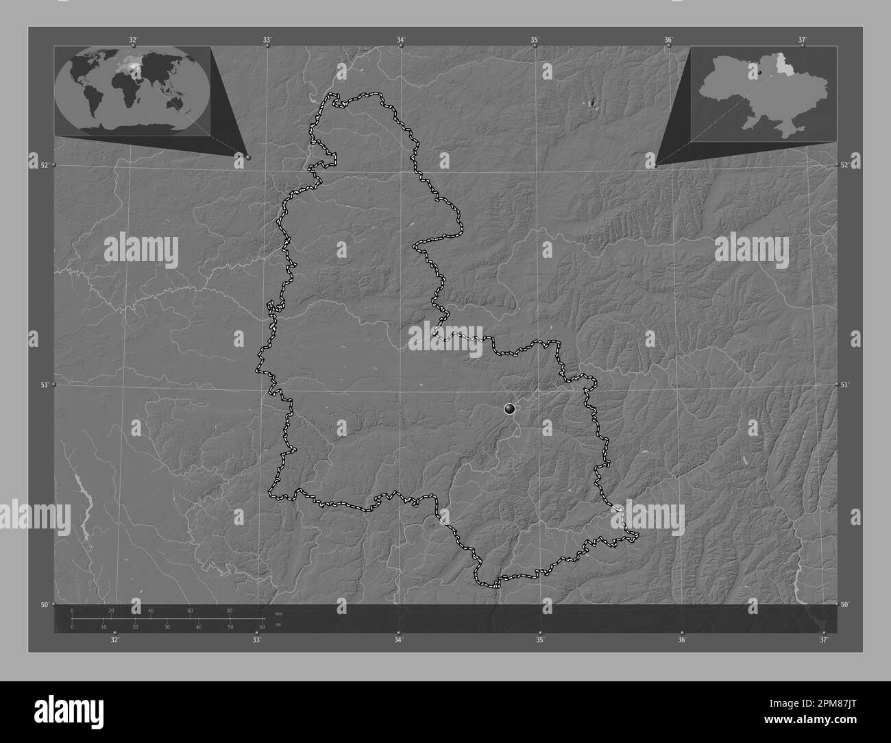 Sumy, region of Ukraine. Bilevel elevation map with lakes and rivers ...