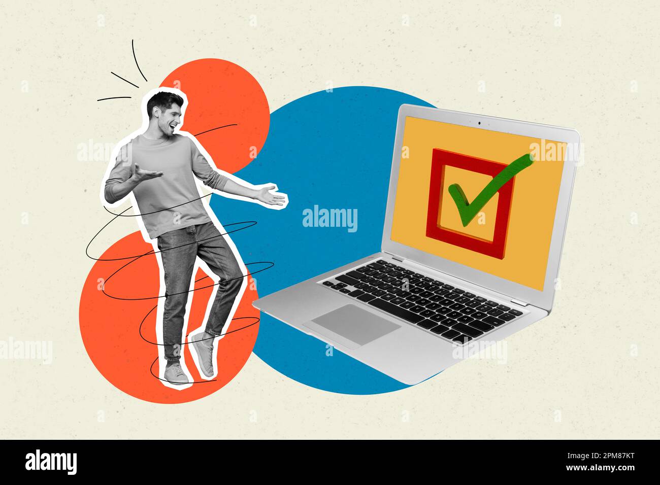 Collage picture of young funny excited guy finally transaction display ...