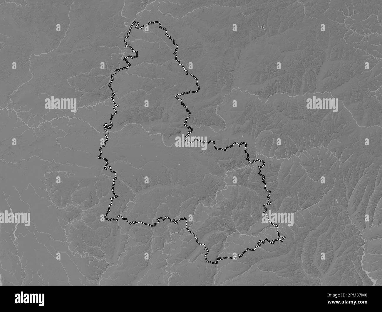Sumy, region of Ukraine. Grayscale elevation map with lakes and rivers ...