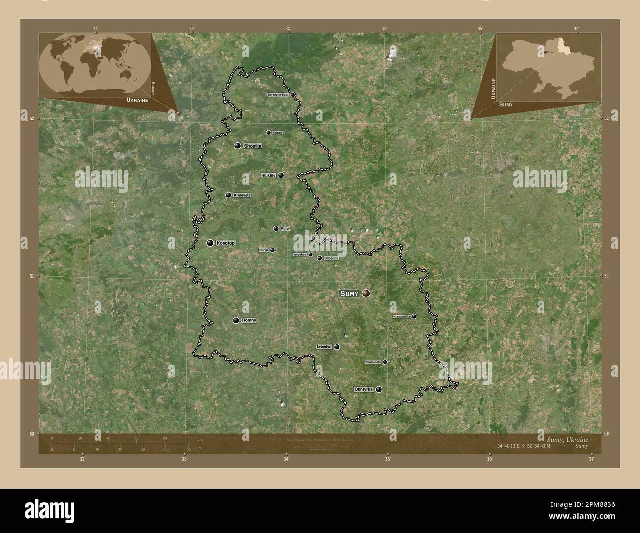 Sumy, region of Ukraine. Low resolution satellite map. Locations and ...