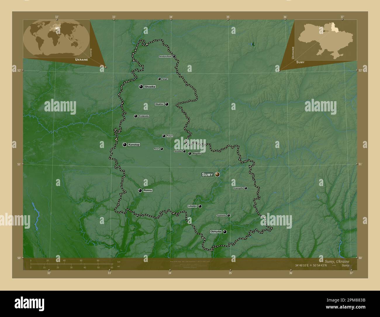 Sumy, region of Ukraine. Colored elevation map with lakes and rivers ...