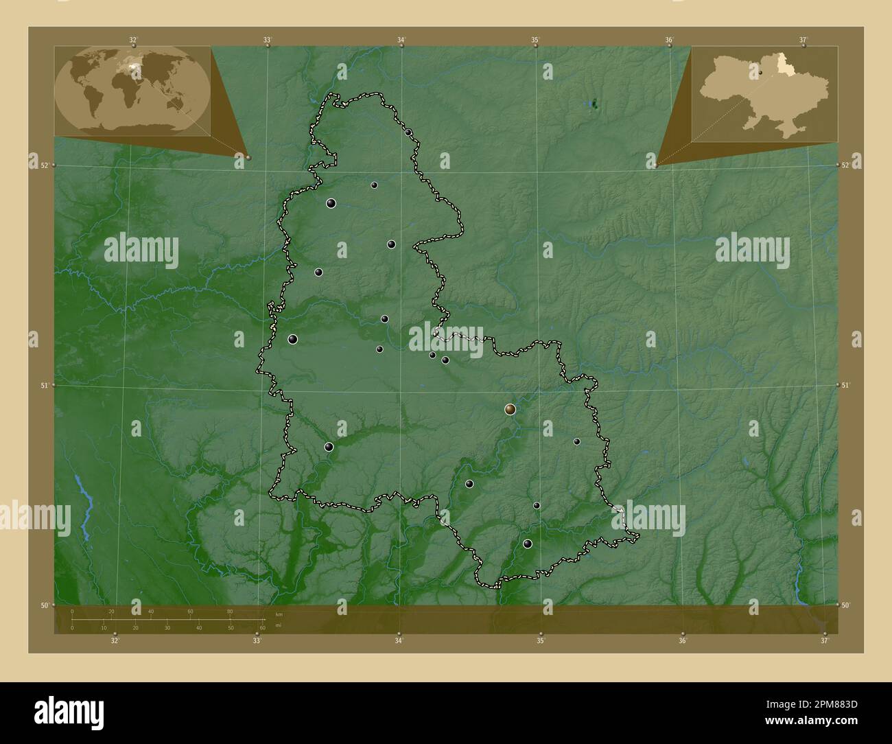 Sumy, region of Ukraine. Colored elevation map with lakes and rivers ...