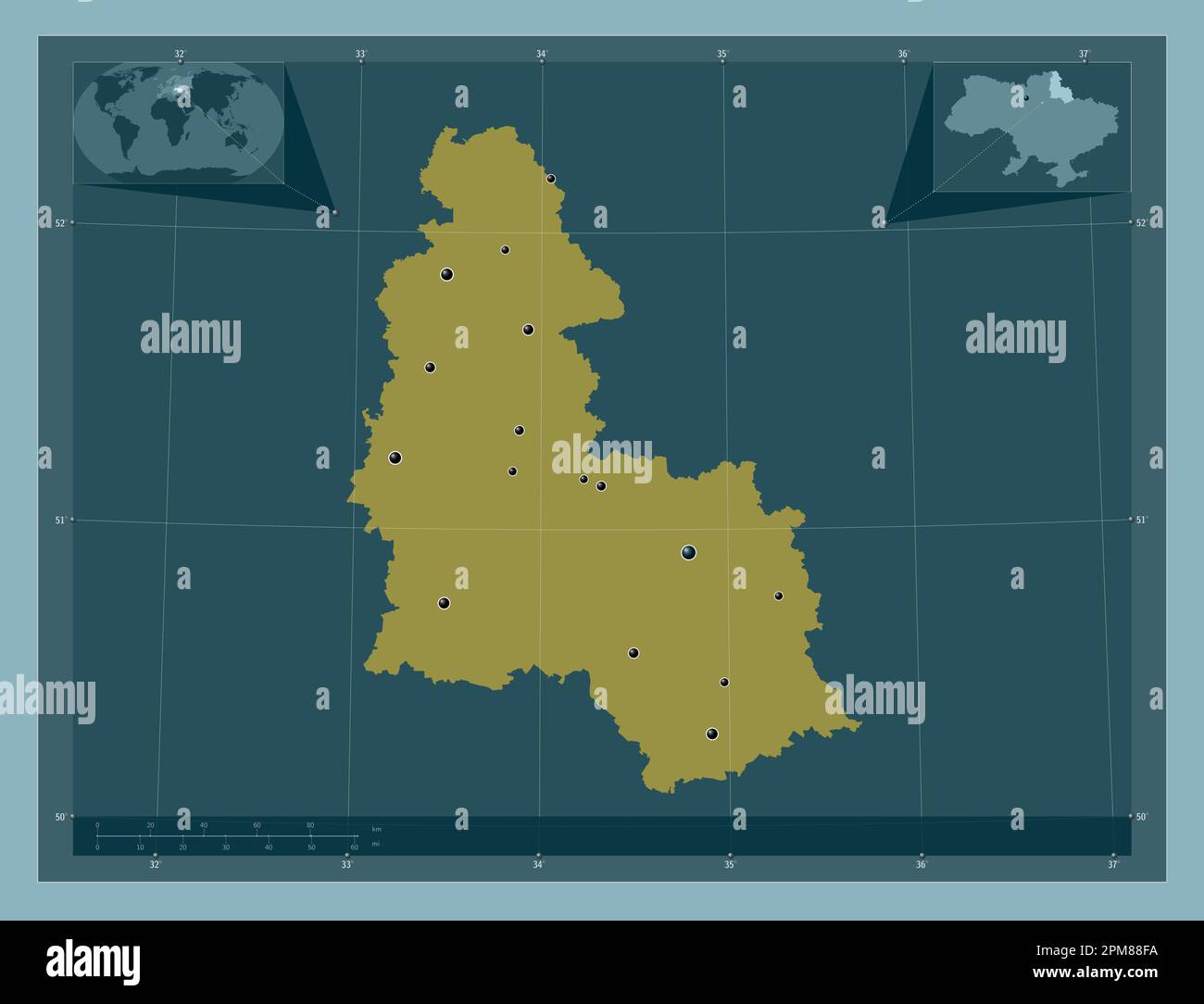 Sumy, region of Ukraine. Solid color shape. Locations of major cities ...