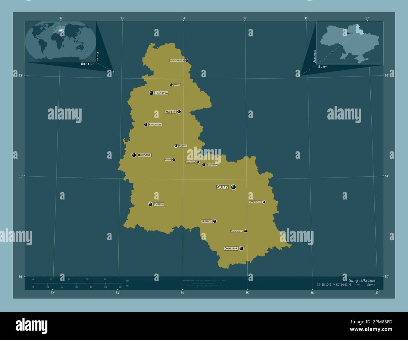 Sumy, region of Ukraine. Solid color shape. Locations and names of ...