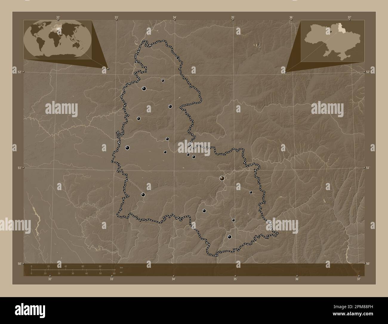 Sumy, region of Ukraine. Elevation map colored in sepia tones with ...