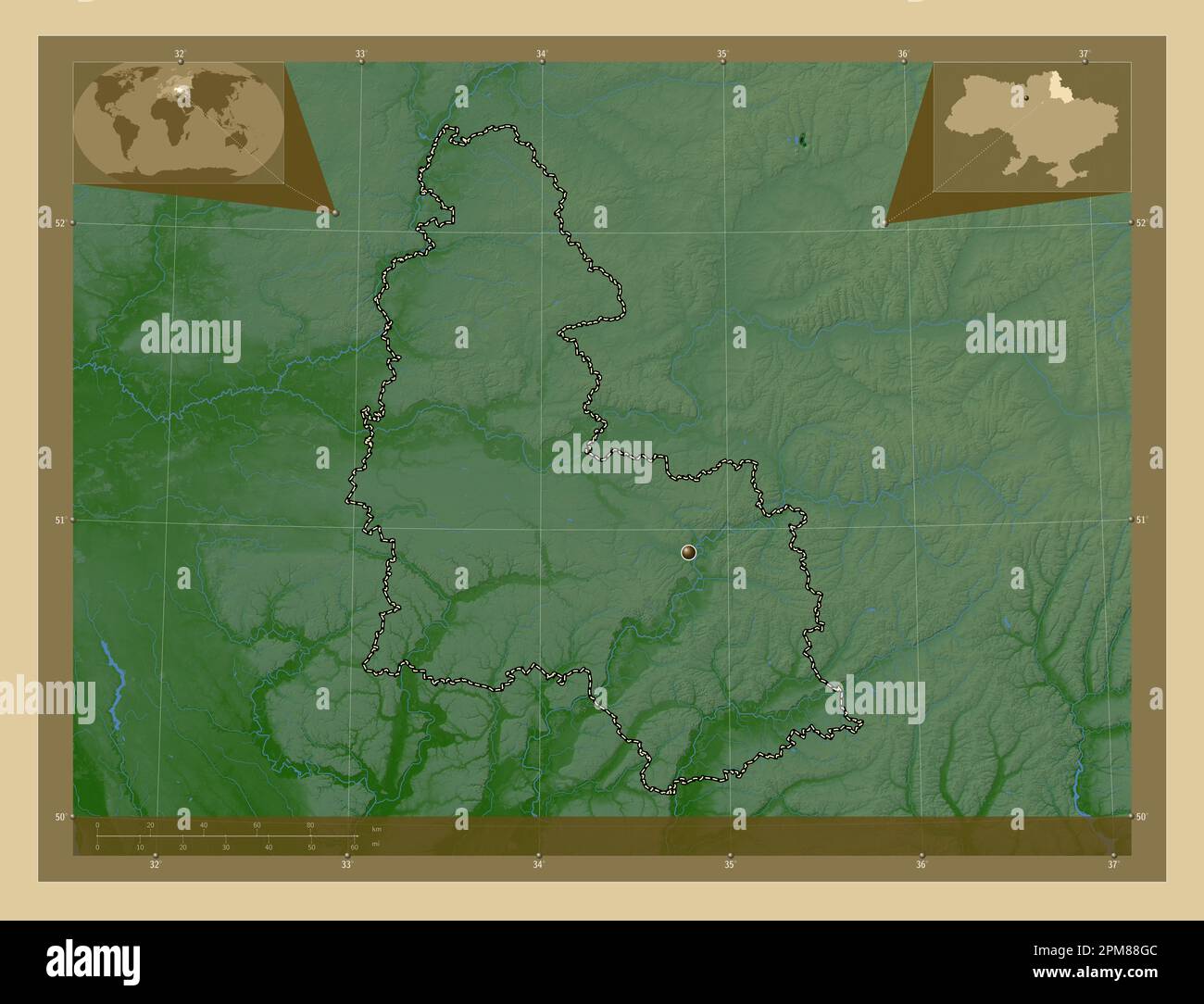 Sumy, region of Ukraine. Colored elevation map with lakes and rivers ...
