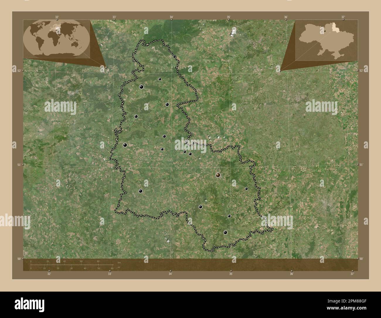 Sumy, region of Ukraine. Low resolution satellite map. Locations of ...