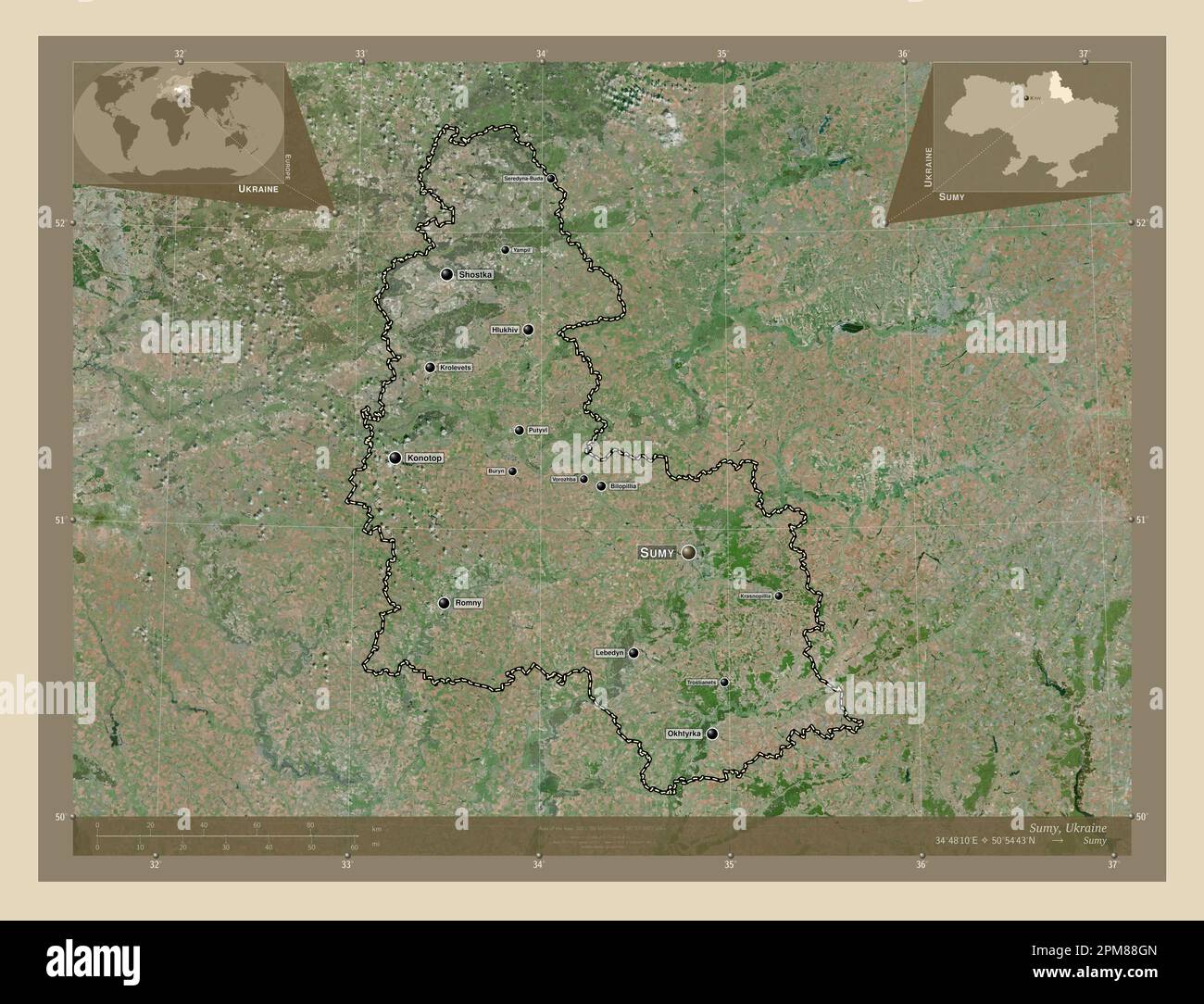 Sumy, region of Ukraine. High resolution satellite map. Locations and ...