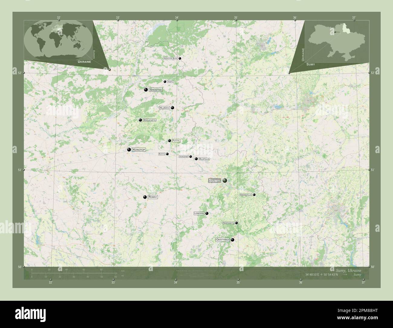 Sumy, region of Ukraine. Open Street Map. Locations and names of major ...