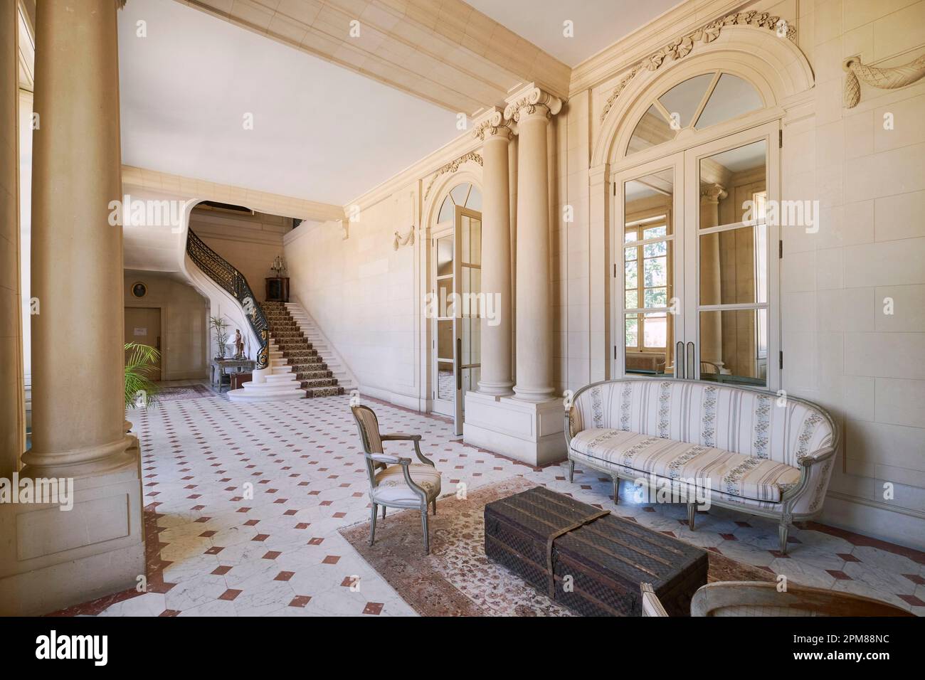 France, Mayenne, Craon, vestibule and main staircase of the castle with ...
