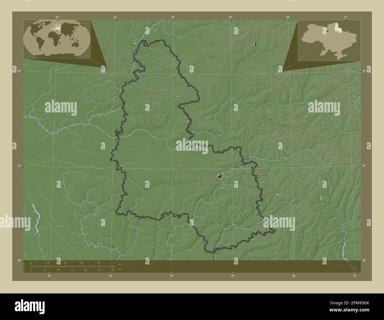 Sumy, region of Ukraine. Elevation map colored in wiki style with lakes ...