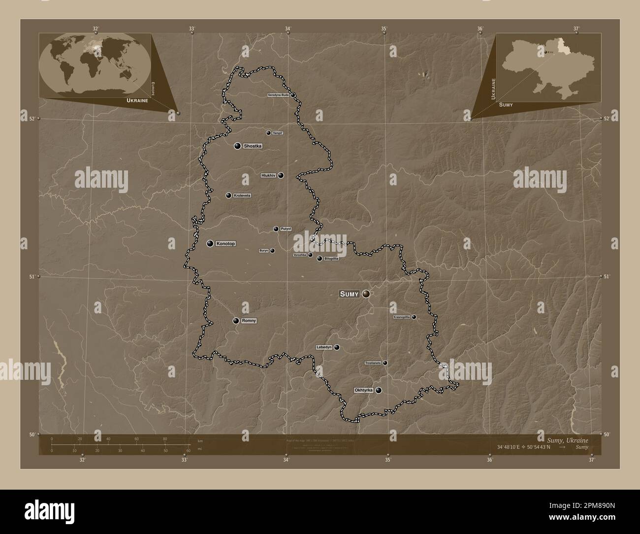 Sumy, region of Ukraine. Elevation map colored in sepia tones with ...