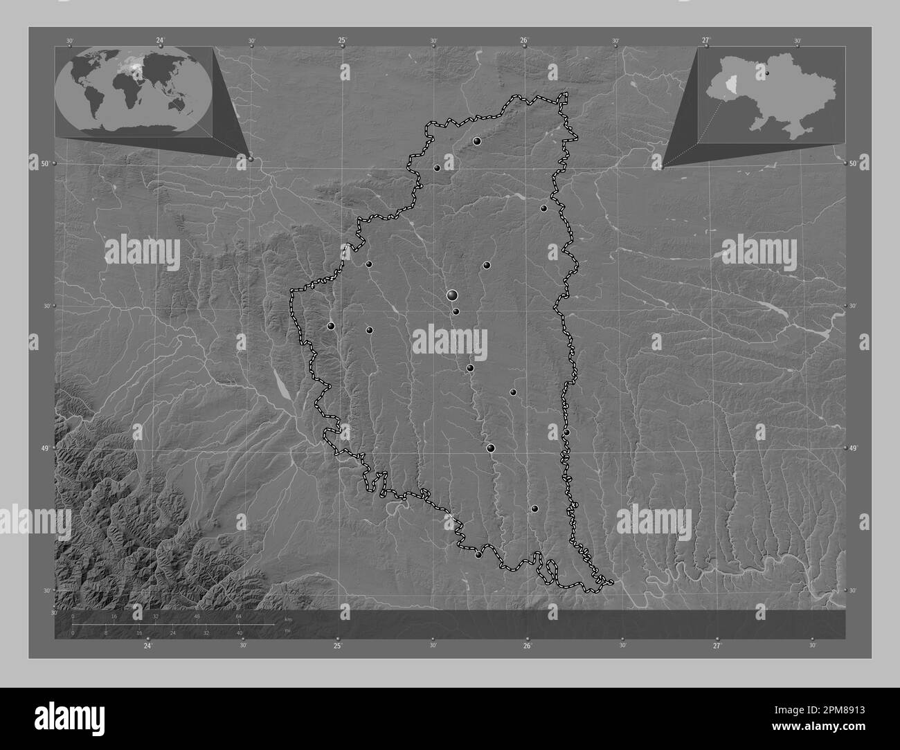 Ternopil', region of Ukraine. Grayscale elevation map with lakes and ...