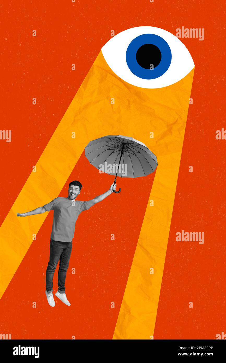 Creative collage of young excited guy protect himself spying society ...