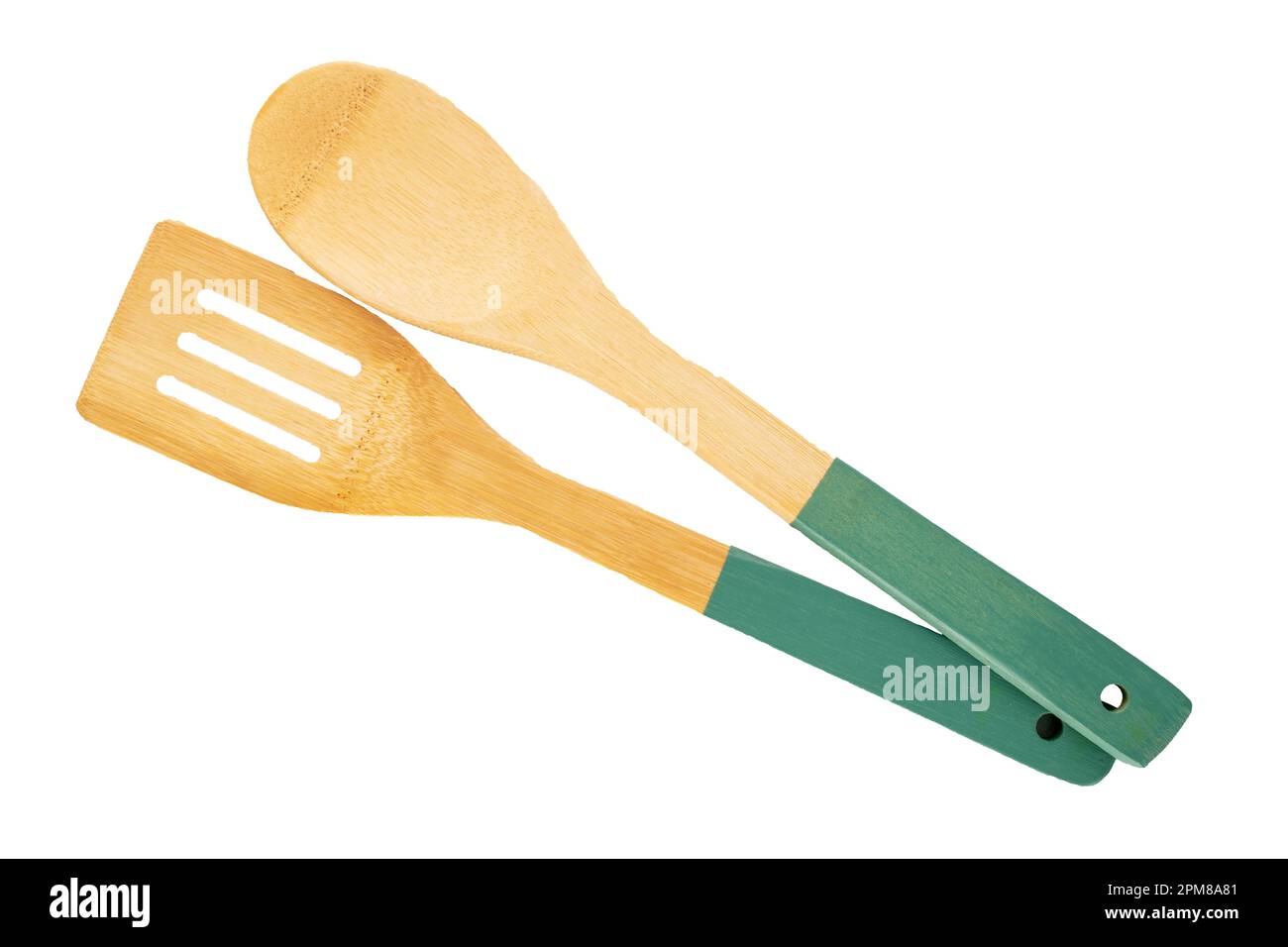 Two wooden spoons for kitchen isolated on white background, macro, top ...