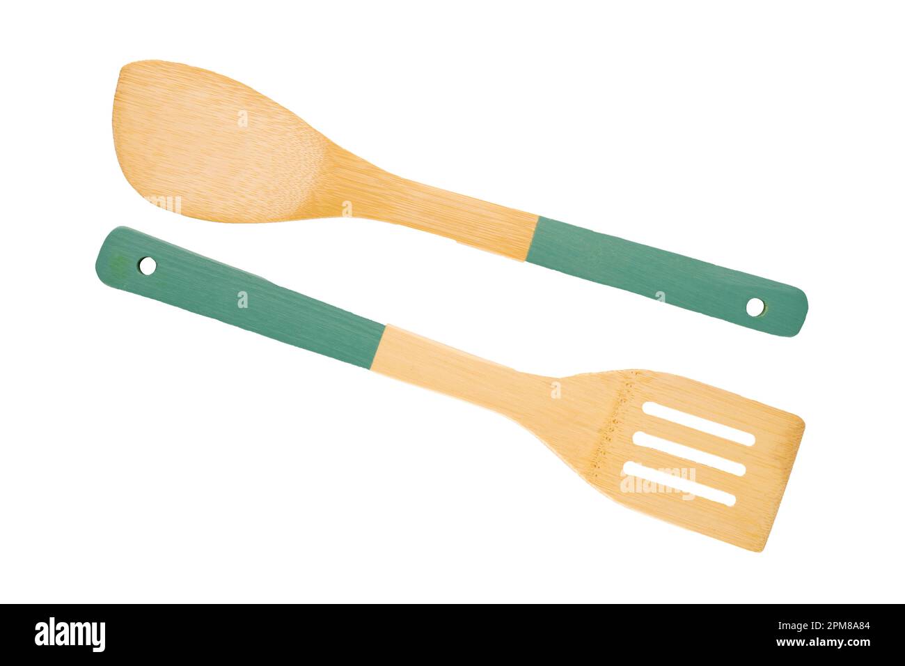 Two wooden spoons for kitchen isolated on white background, macro, top ...