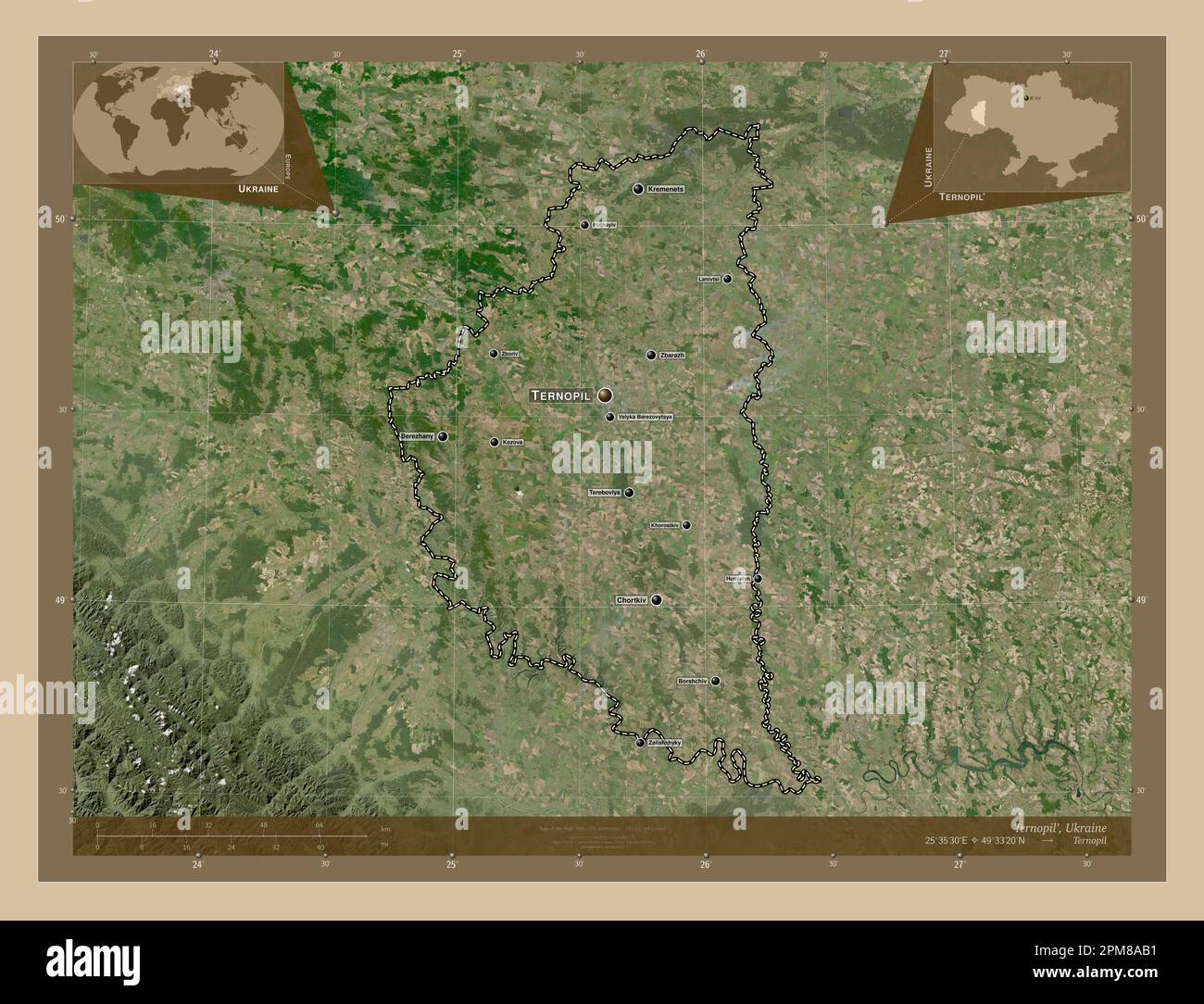 Ternopil', region of Ukraine. Low resolution satellite map. Locations ...