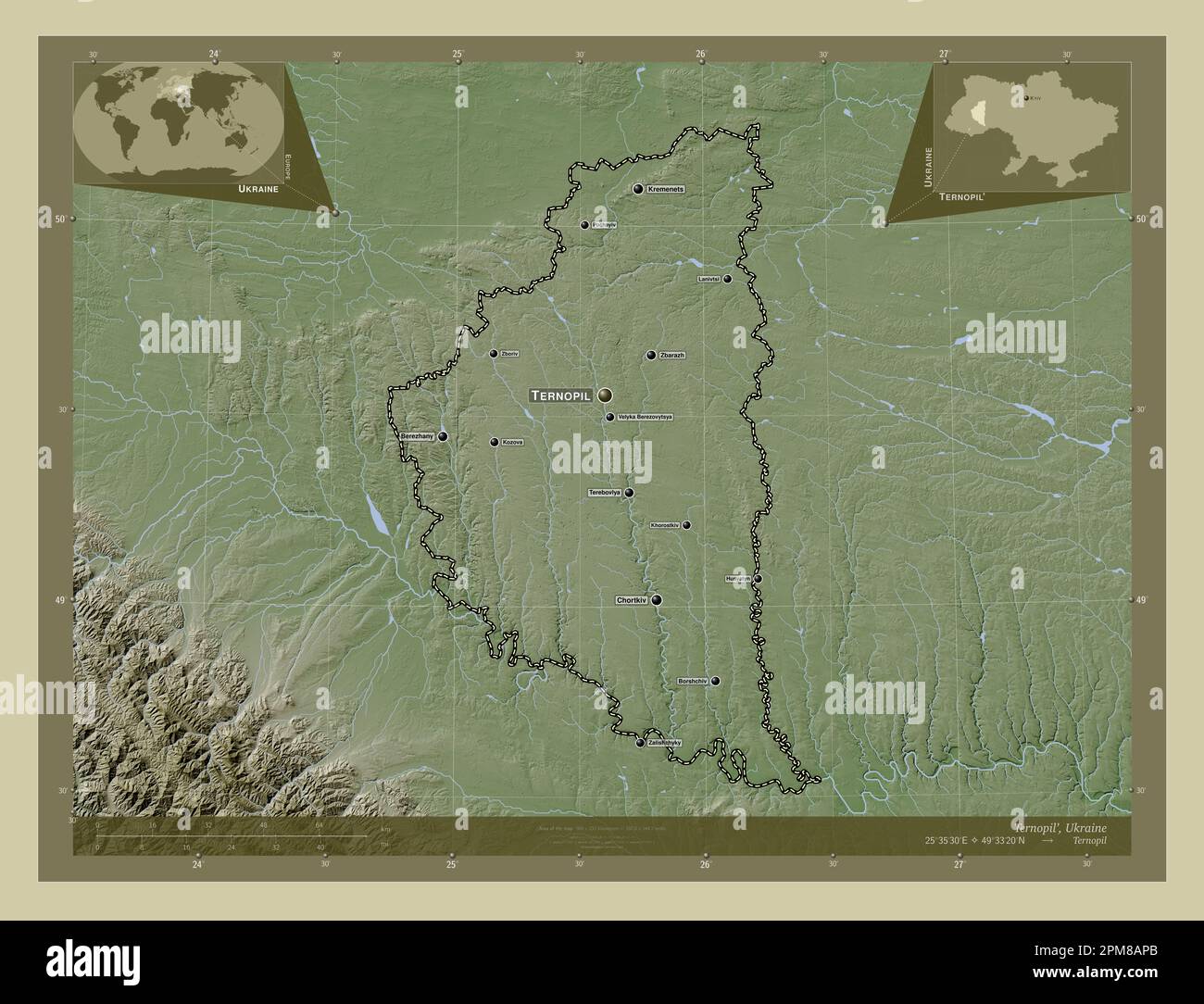 Ternopil', region of Ukraine. Elevation map colored in wiki style with ...