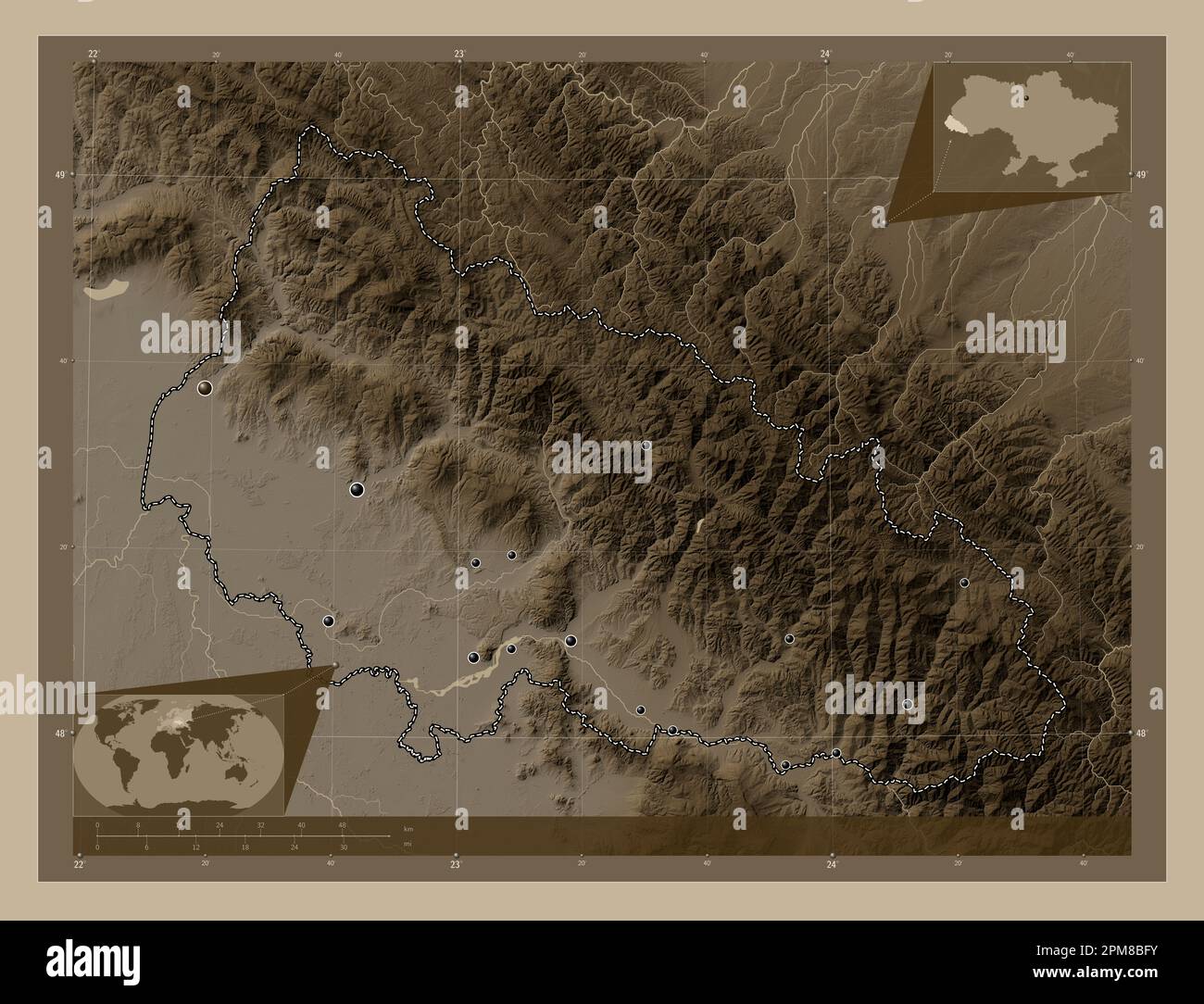 Transcarpathia, region of Ukraine. Elevation map colored in sepia tones ...
