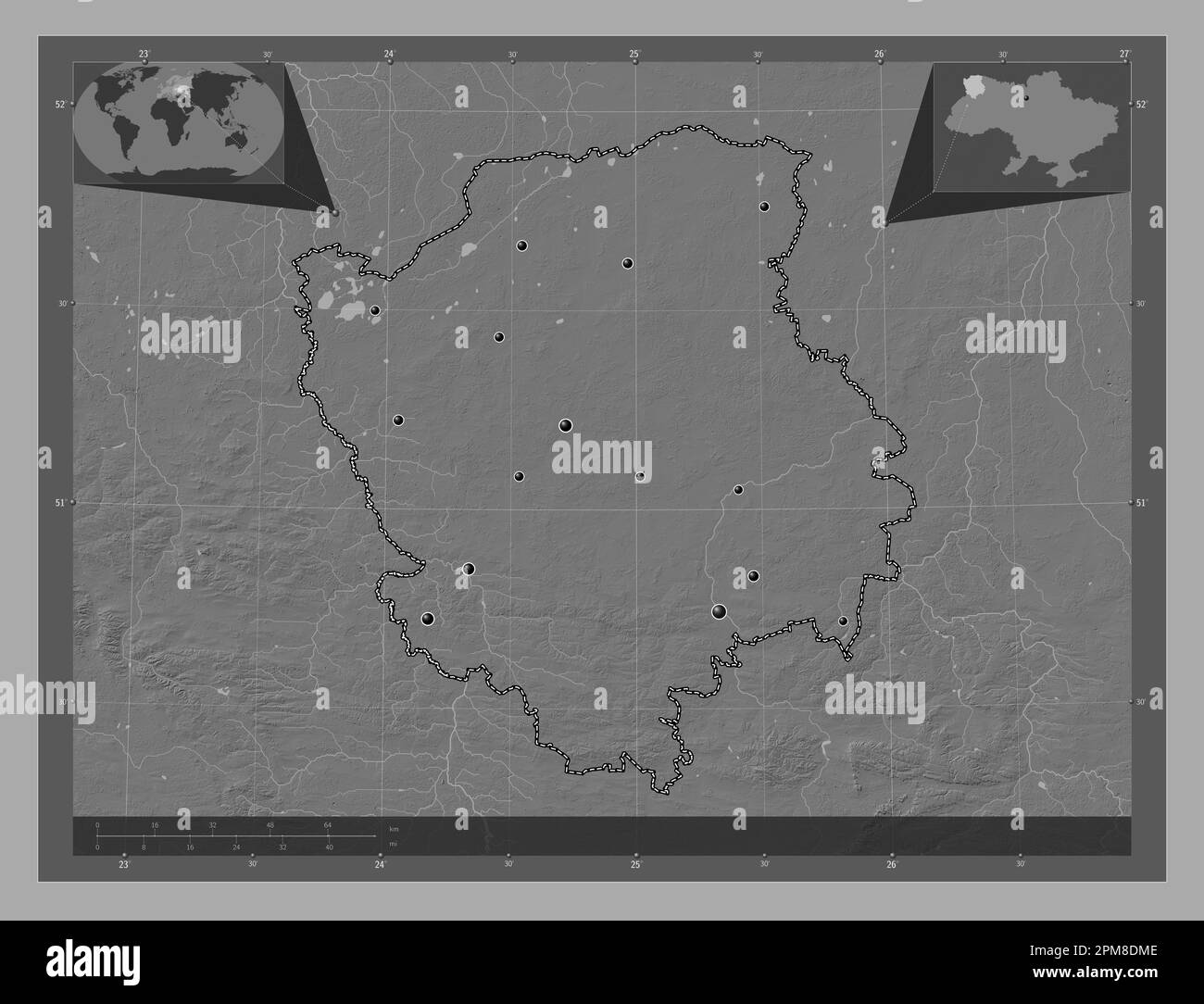 Volyn, region of Ukraine. Bilevel elevation map with lakes and rivers ...