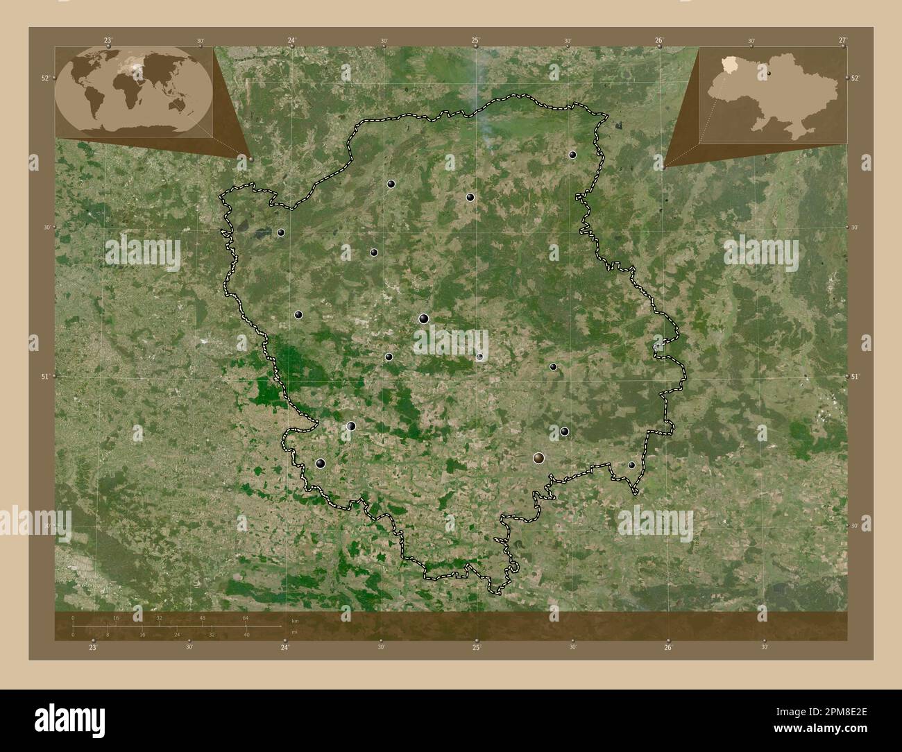 Volyn, region of Ukraine. Low resolution satellite map. Locations of ...