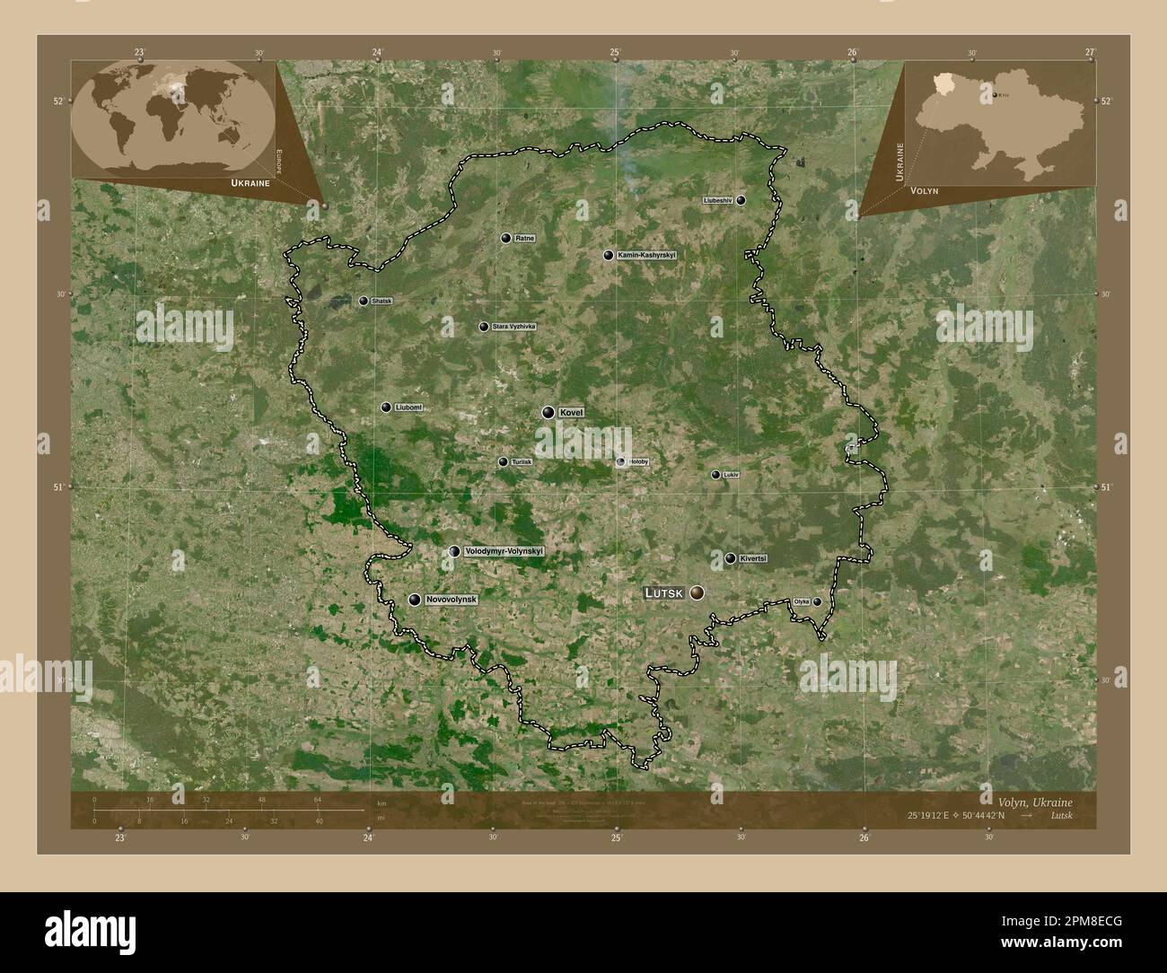 Volyn, region of Ukraine. Low resolution satellite map. Locations and ...