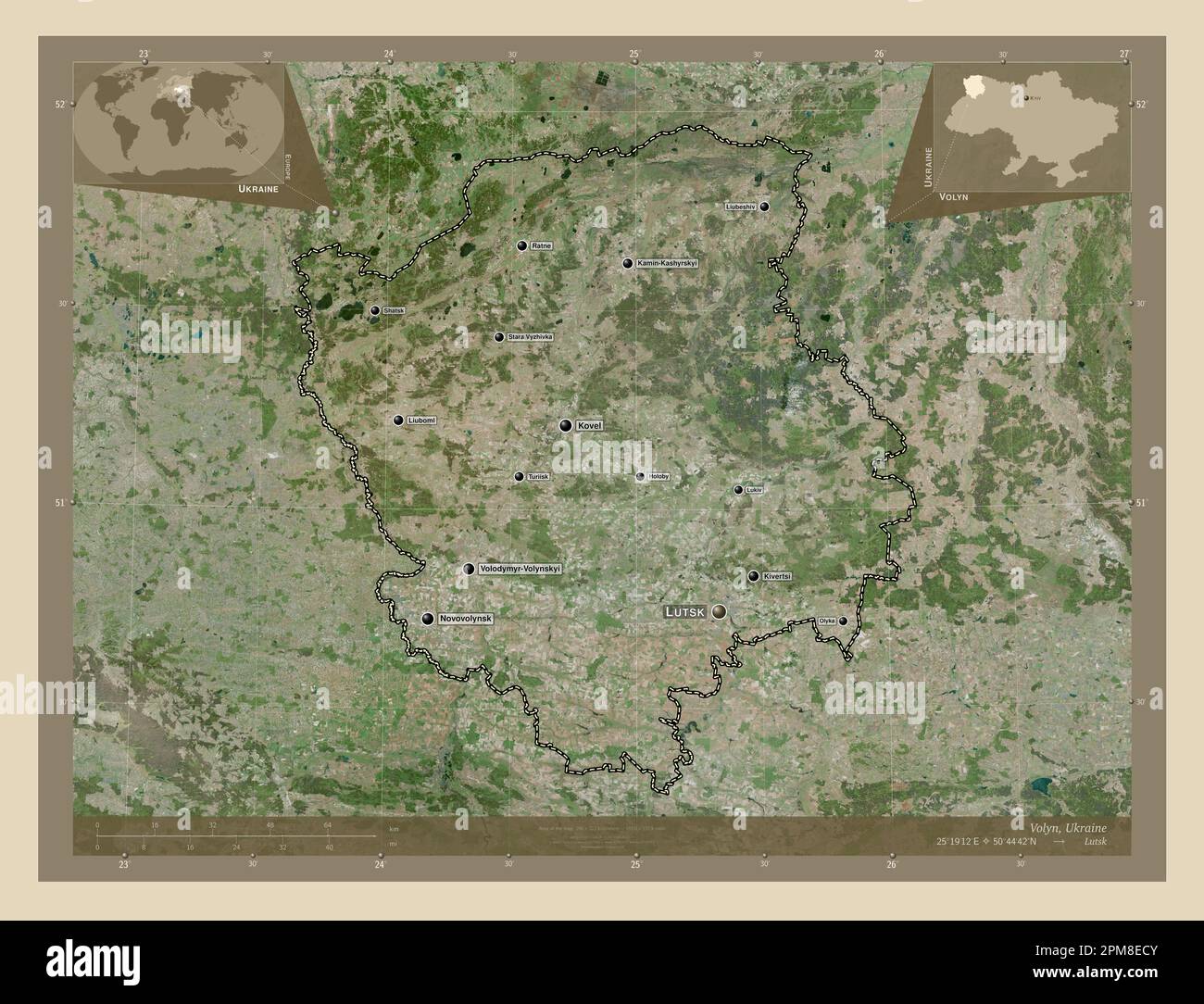 Volyn, region of Ukraine. High resolution satellite map. Locations and ...