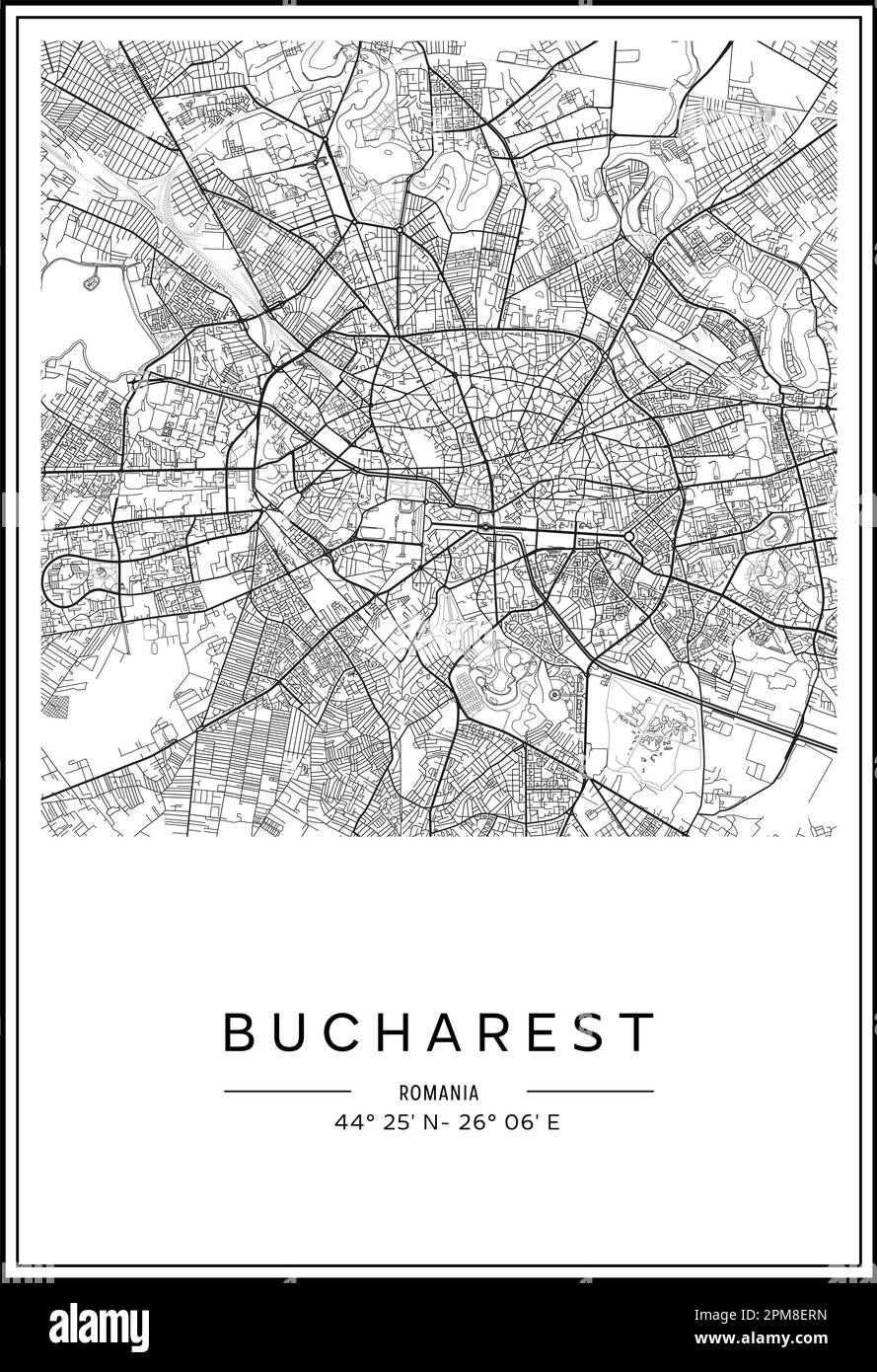 Black and white printable Bucharest city map, poster design, vector ...