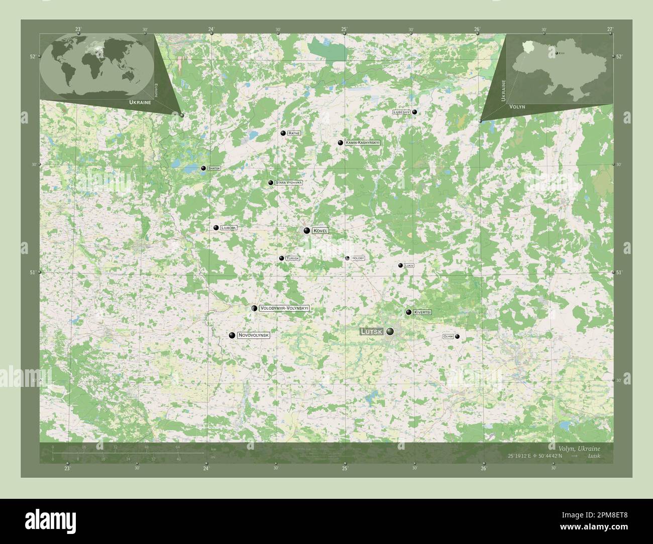 Volyn, region of Ukraine. Open Street Map. Locations and names of major ...