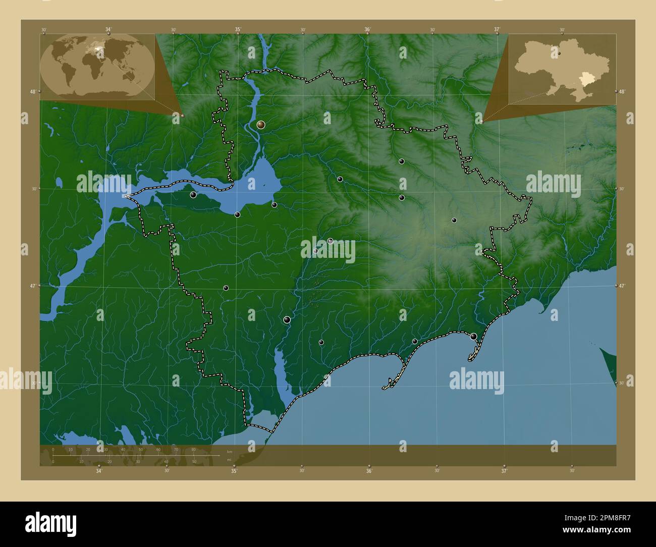 Zaporizhzhya, region of Ukraine. Colored elevation map with lakes and ...