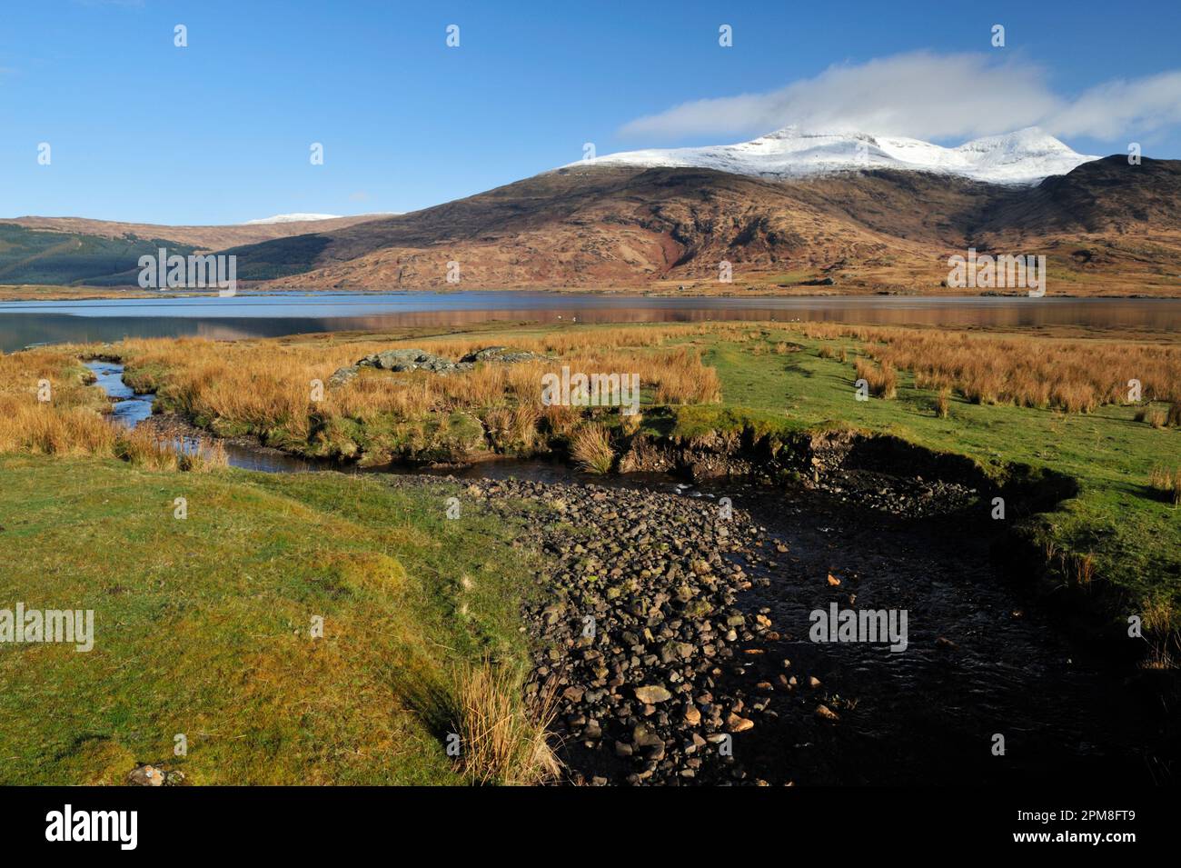 View to snow-capped Ben More on the Isle of Mull from South looking ...