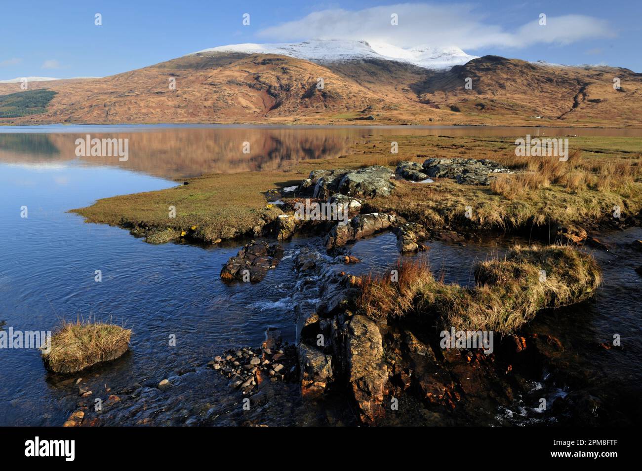 View to snow-capped Ben More on the Isle of Mull from South looking ...