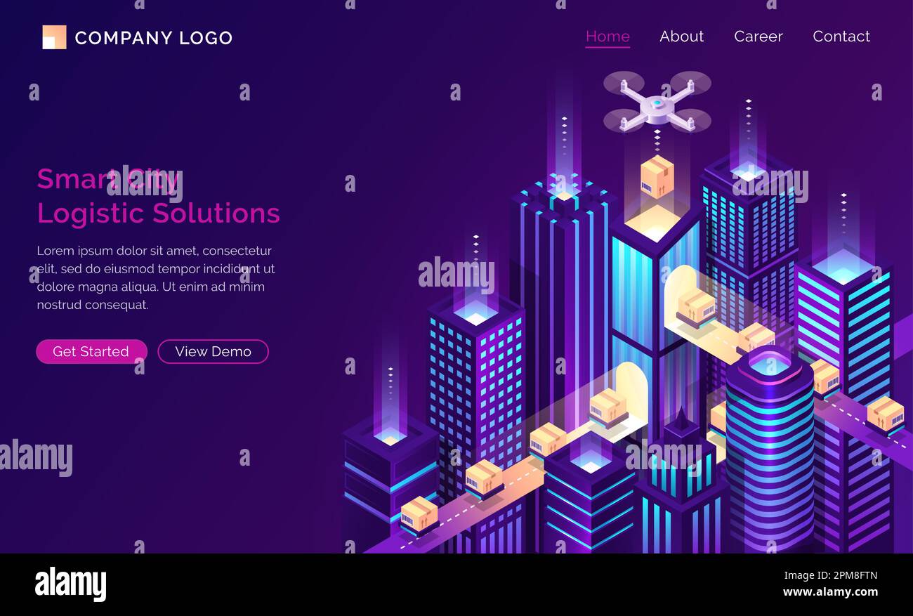 Smart city logistic solutions isometric landing page. Drone delivery ...