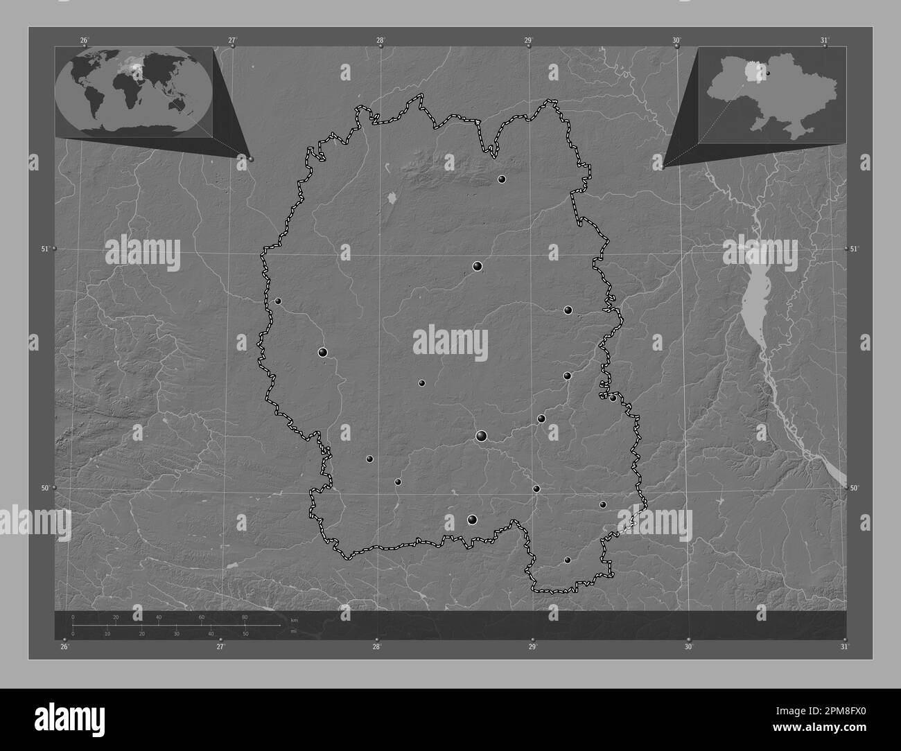 Zhytomyr, region of Ukraine. Bilevel elevation map with lakes and ...