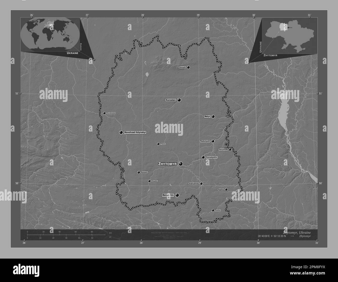 Zhytomyr, region of Ukraine. Bilevel elevation map with lakes and ...