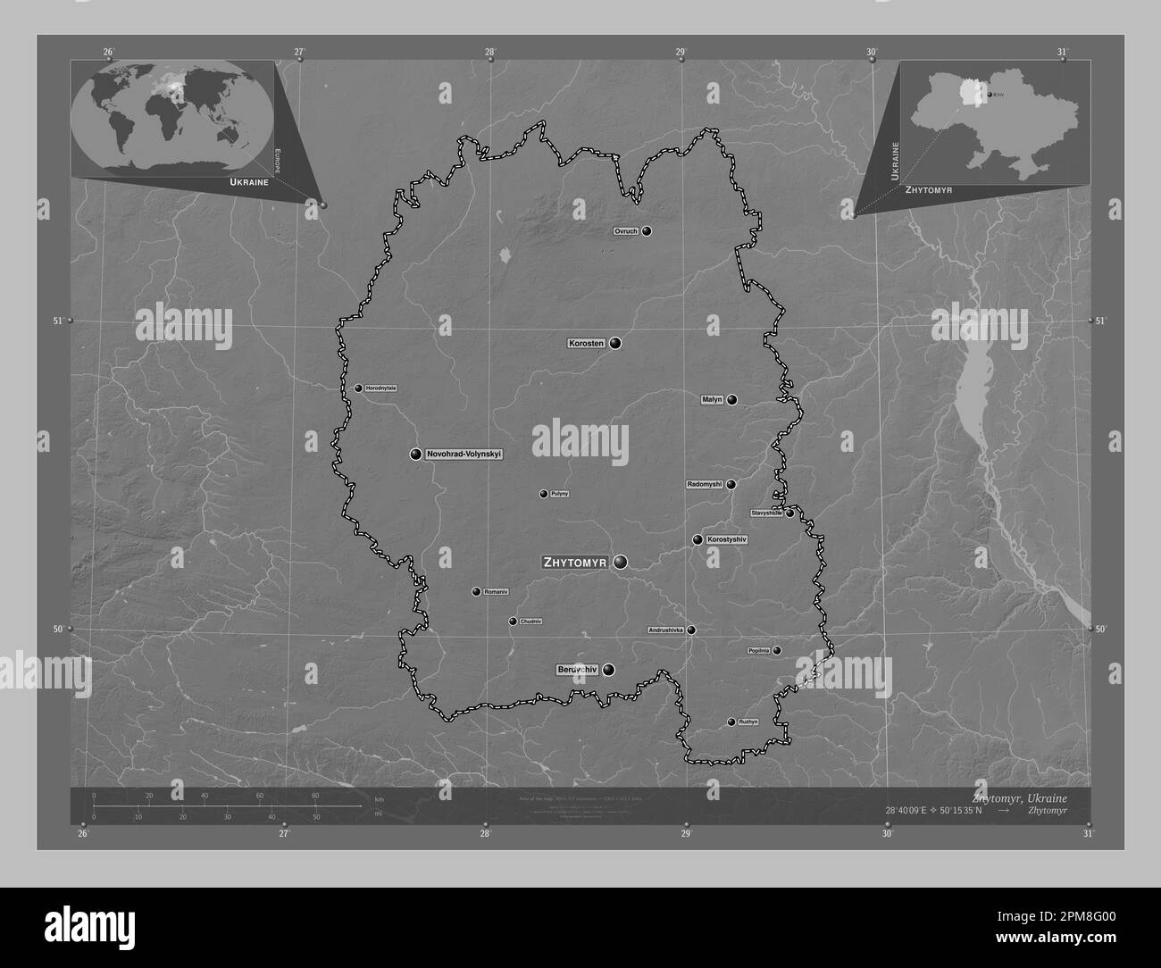 Zhytomyr, region of Ukraine. Grayscale elevation map with lakes and ...