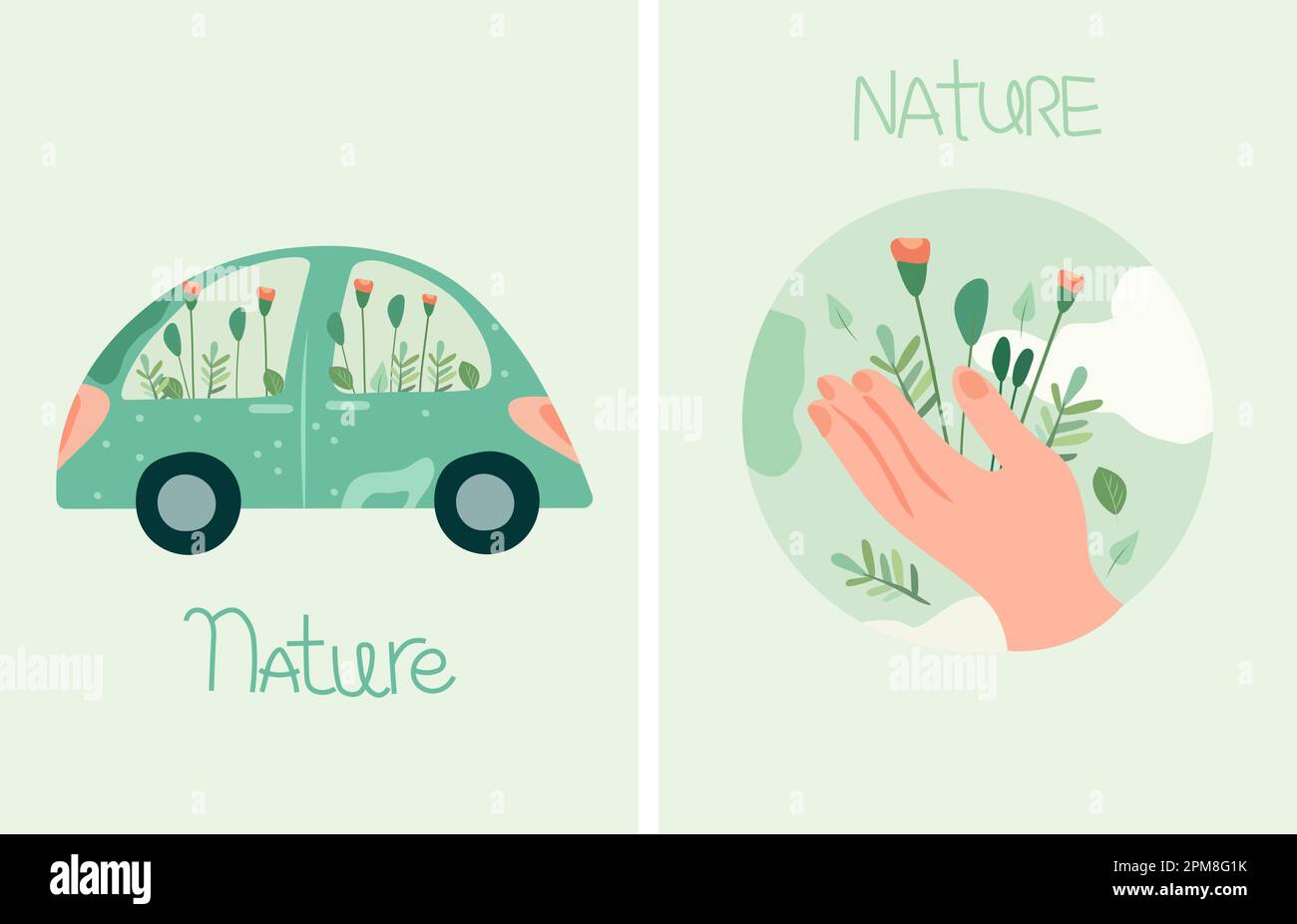 Mother earth,hand embracing our green planet and eco friendly vehicle ...