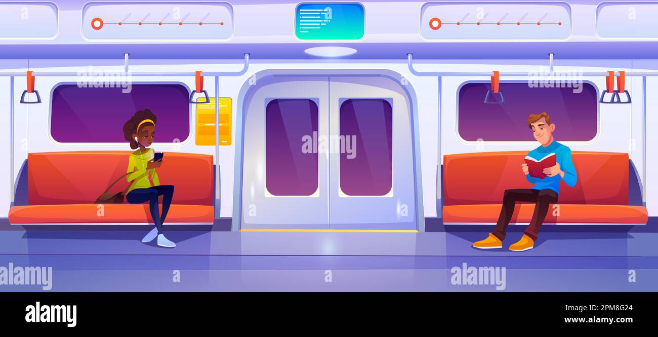 People in subway train car. Woman with phone and man with book in metro ...