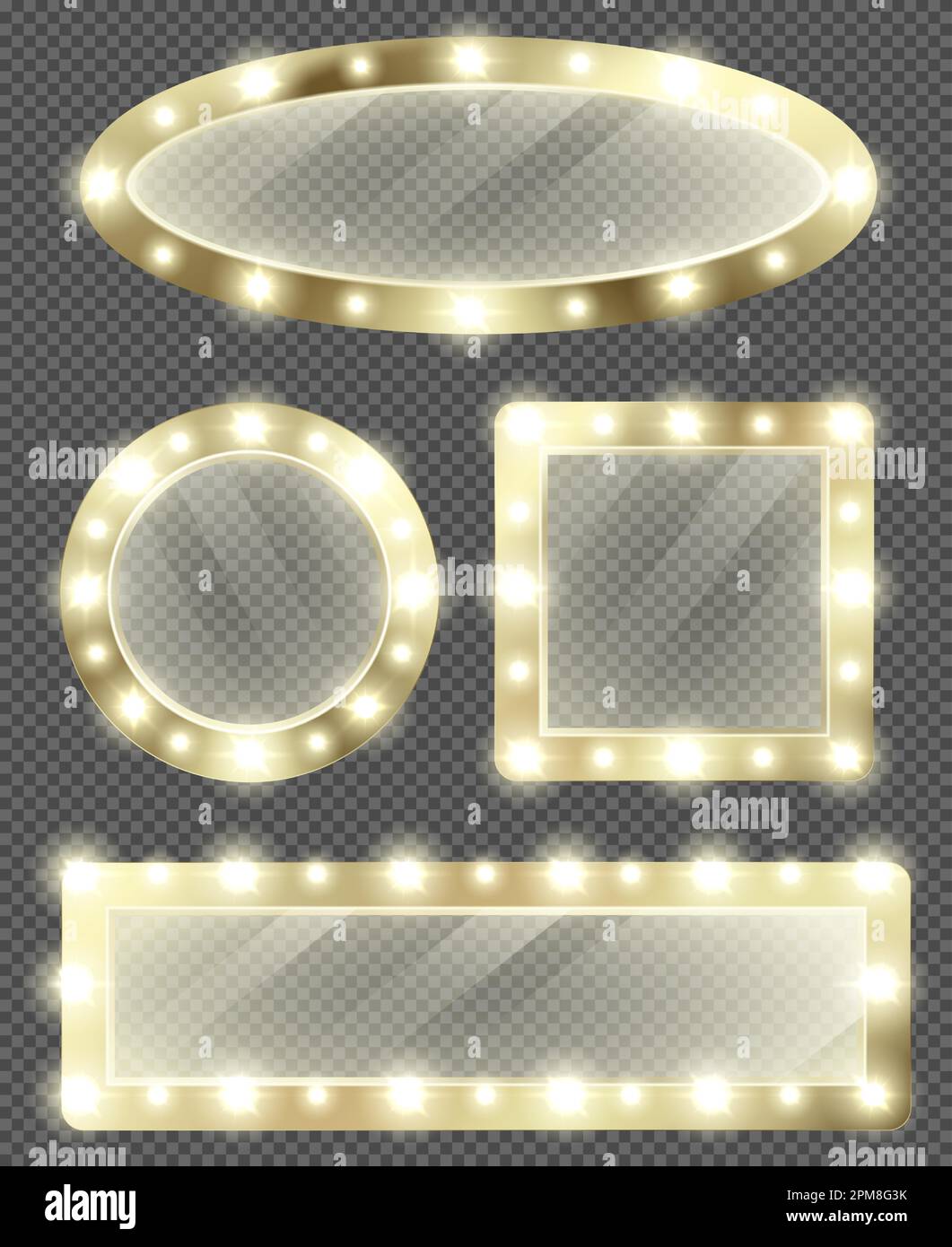 Makeup mirror in gold frame with light bulbs. Vector realistic ...