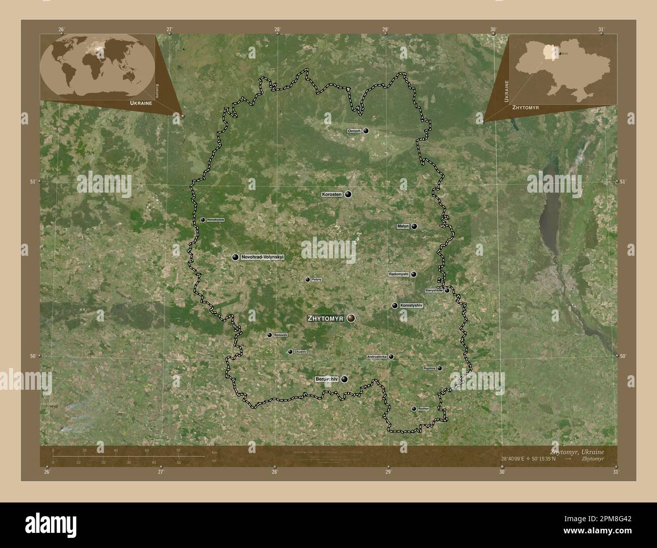 Zhytomyr, region of Ukraine. Low resolution satellite map. Locations ...