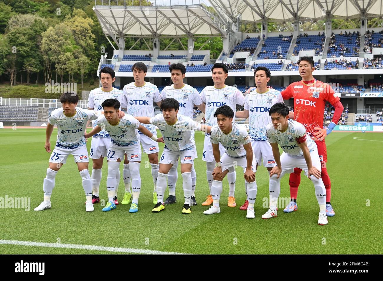 Tokyo, Japan. 8th Apr, 2023. Blaublitz Akita team group line-up before the 2023 J2 League match ...