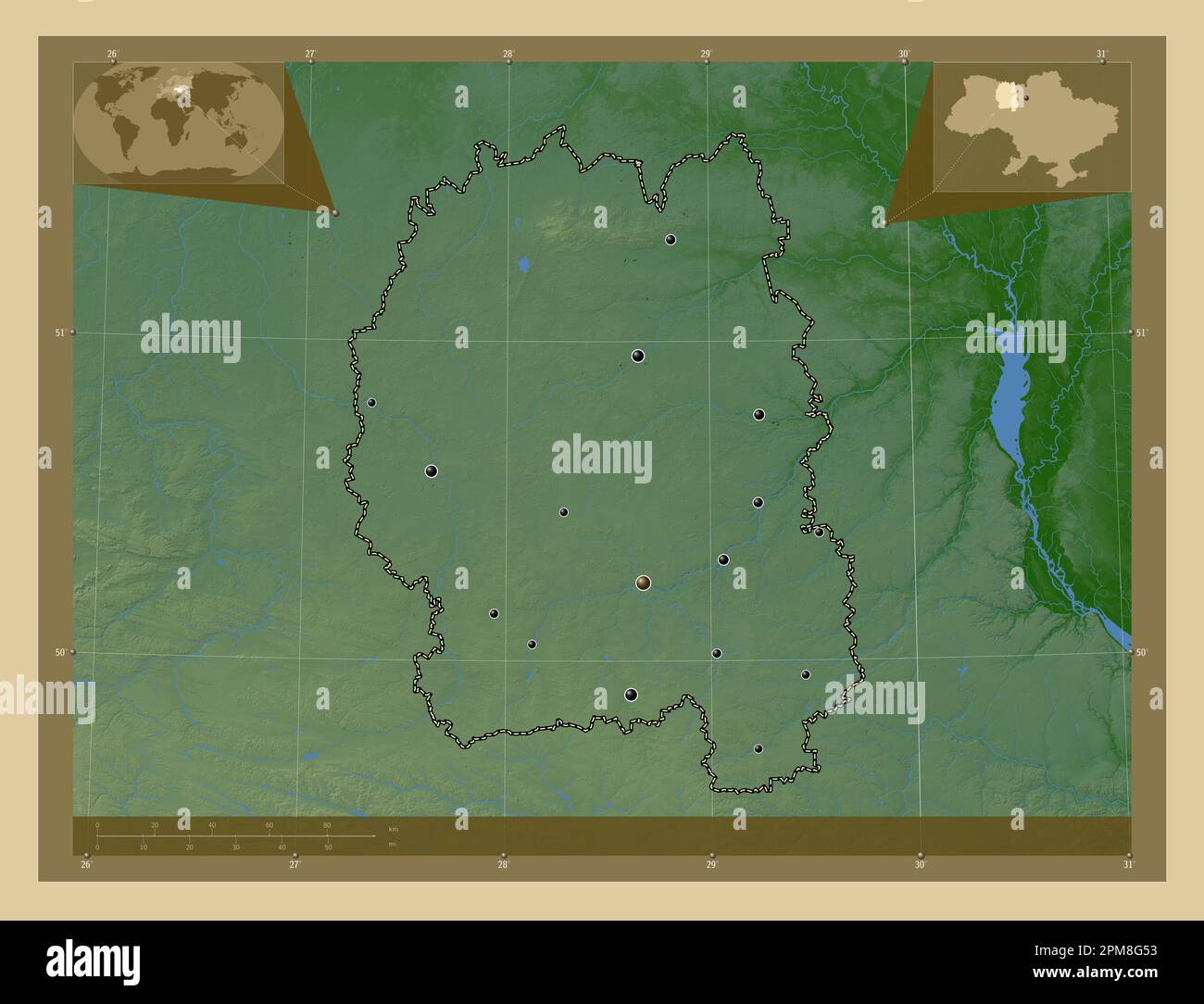 Zhytomyr, region of Ukraine. Colored elevation map with lakes and ...