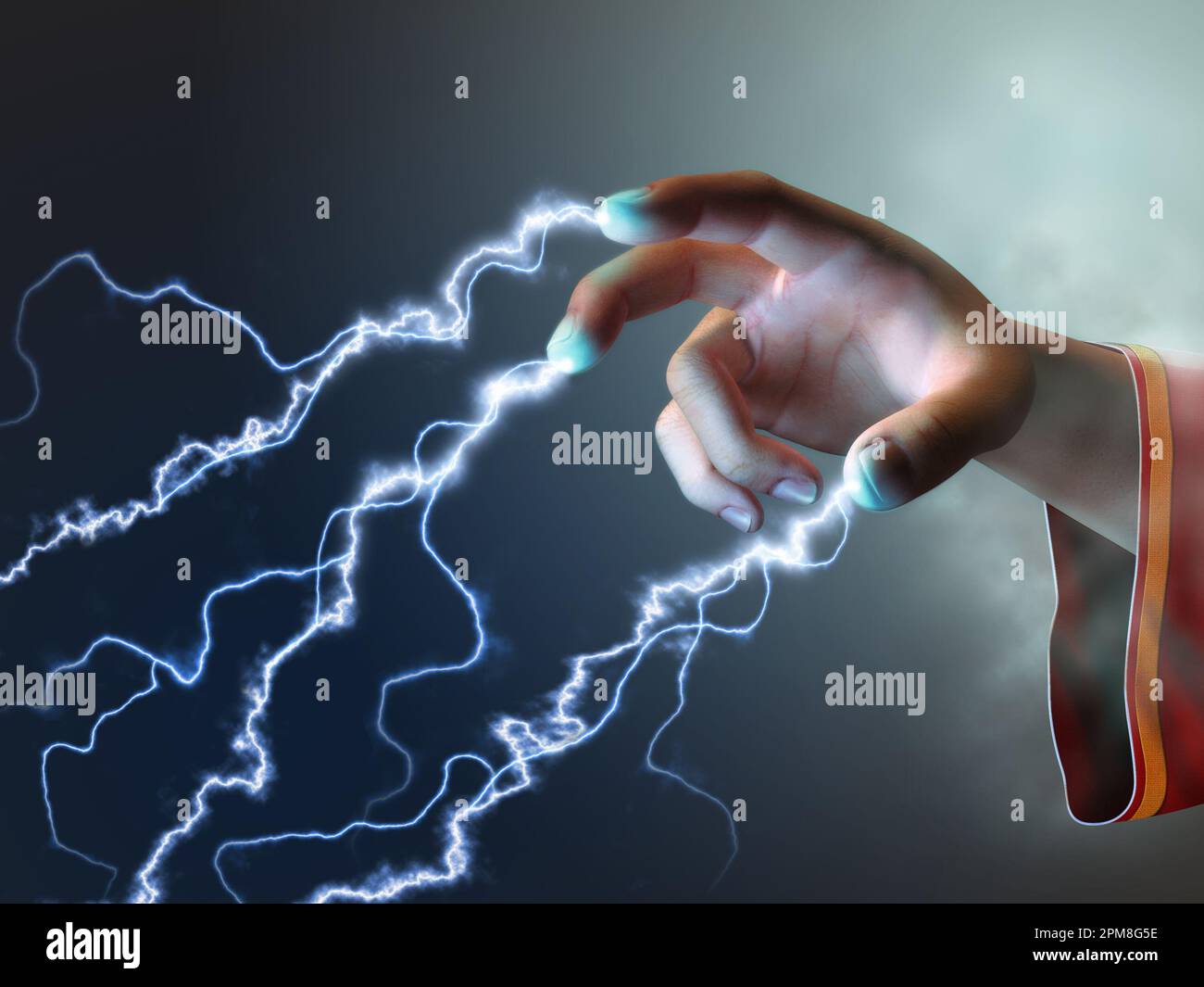 Magician using its fingers to create some energy bolts. Digital ...