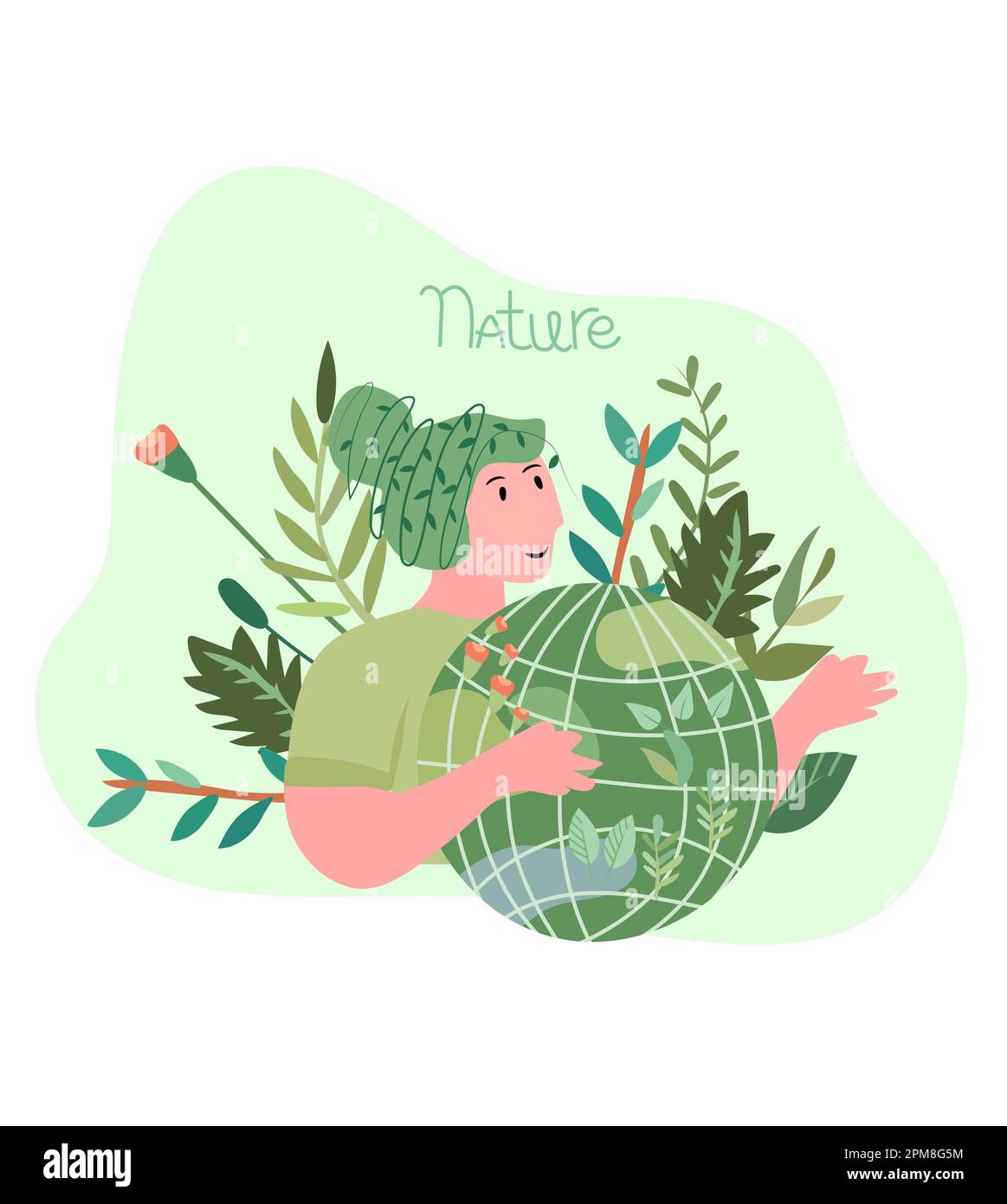 Lady cherishes verdant globe with affection. Vector art for Earth Day ...
